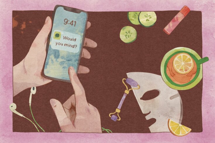 Illustration of self-care products and a person holding a cell phone ...