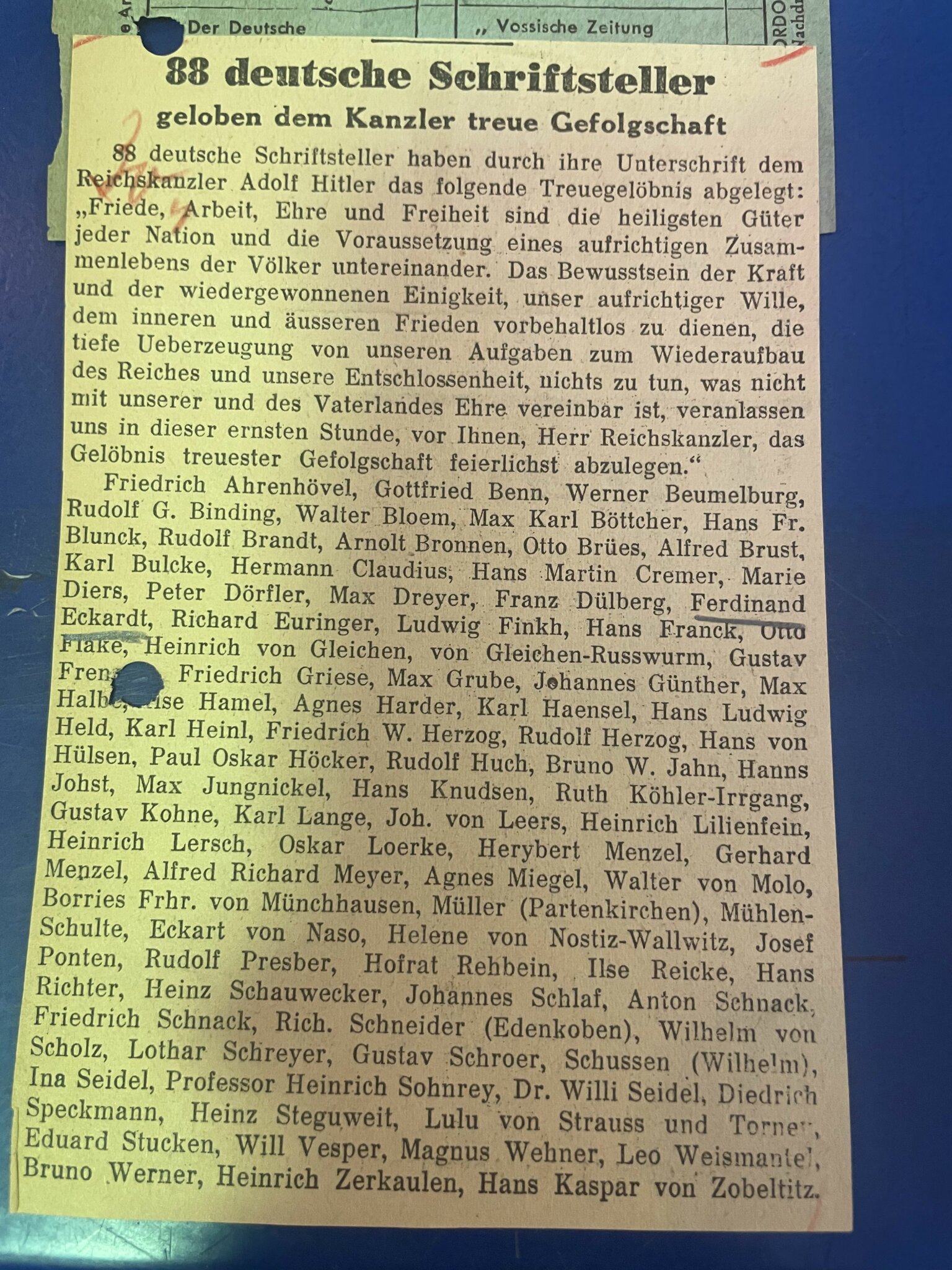 Eckhardt’s copy of the pledge of allegiance to Hitler stored in his ...