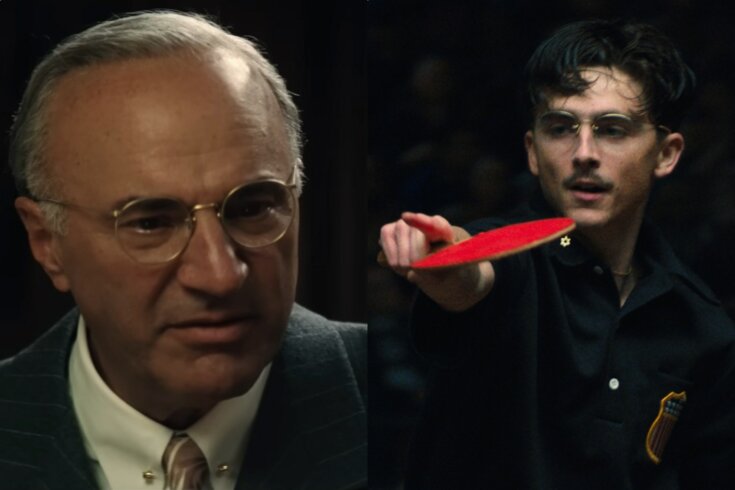 Timothée Chalamet As Marty Mauser Points A Ping Pong Paddle At Kevin O