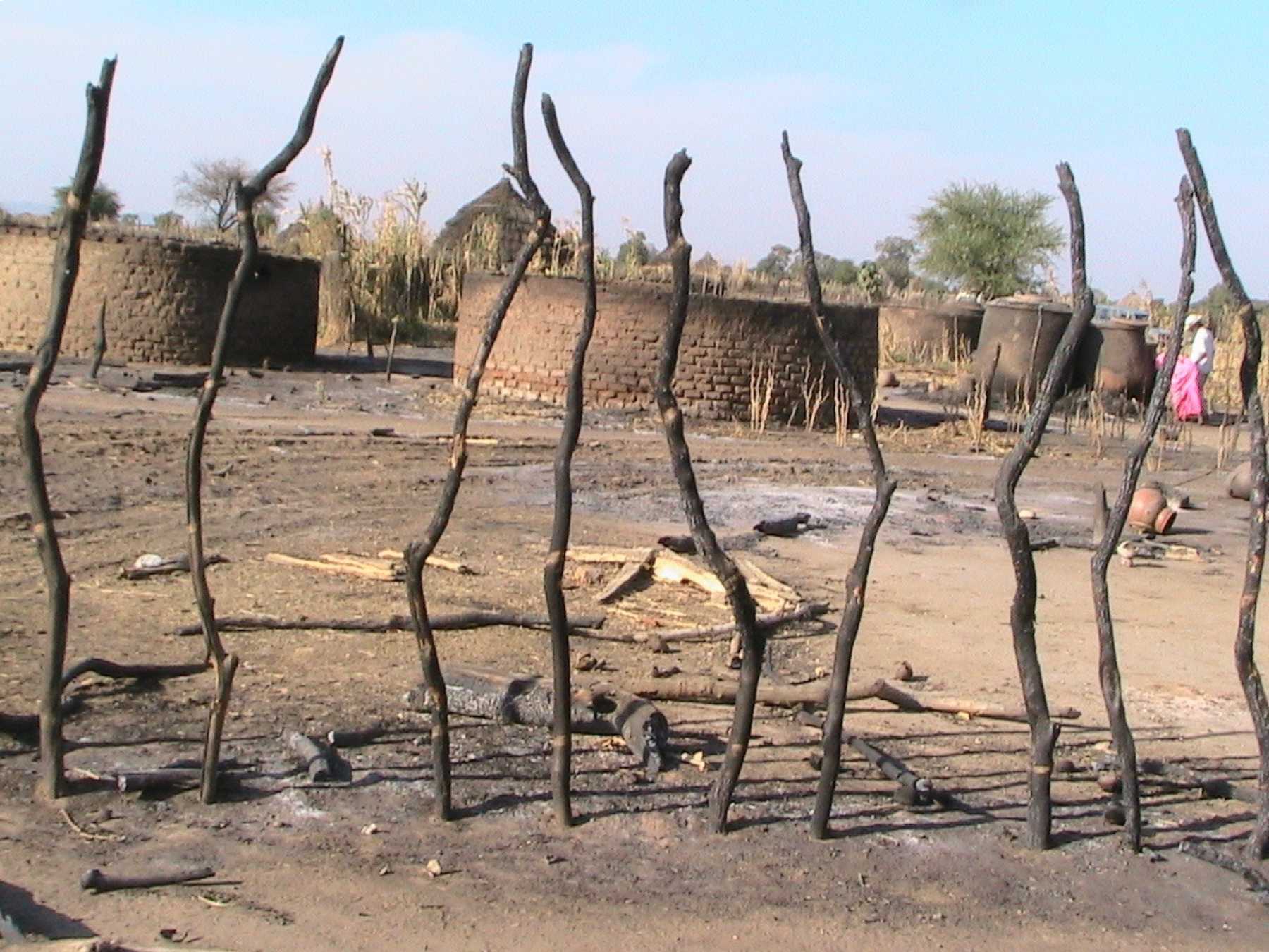 A photograph of a village in Darfur with blackened earth and the bases ...