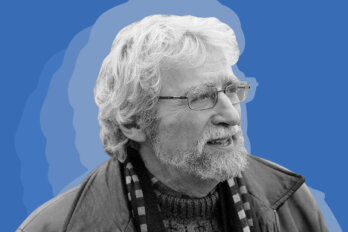 A black-and-white photo of Tom Wayman against a blue blackground