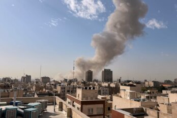 Smoke rises on the skyline in Tehran, Iran, February 28, 2026. (AP Photo)