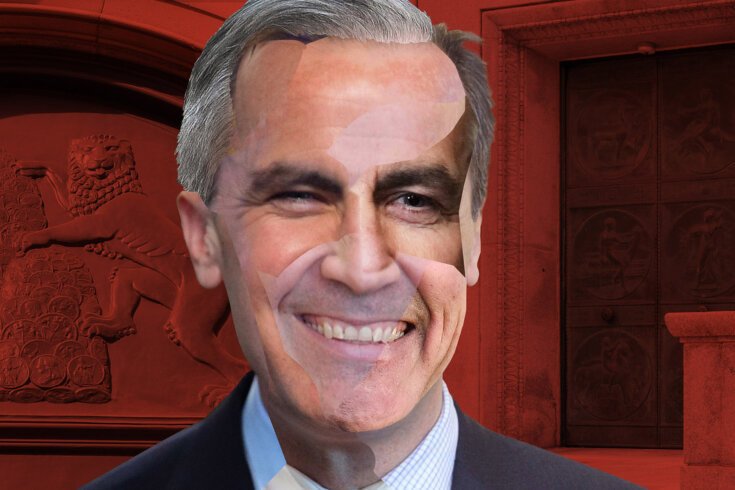 A photo illustration of Mark Carney against a red background. His face ...