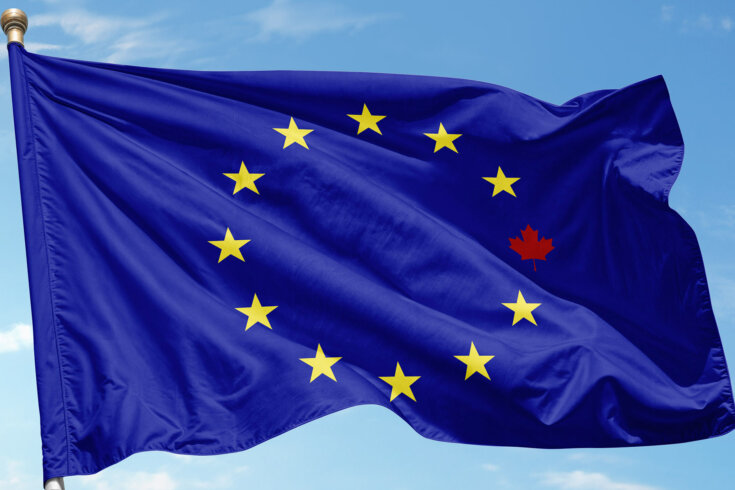 A photo illustration of the EU flag with a red maple leaf among the ...