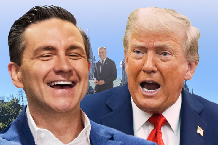 A photo illustration of Pierre Poilievre, Donald Trump smiling with ...