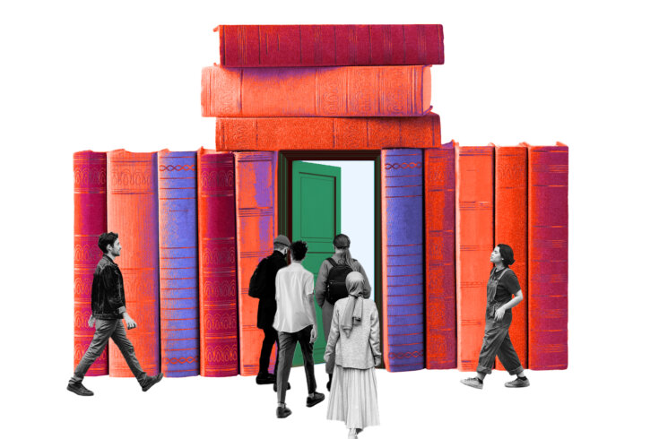 Image of a pile of books with a door in the middle on a white ...