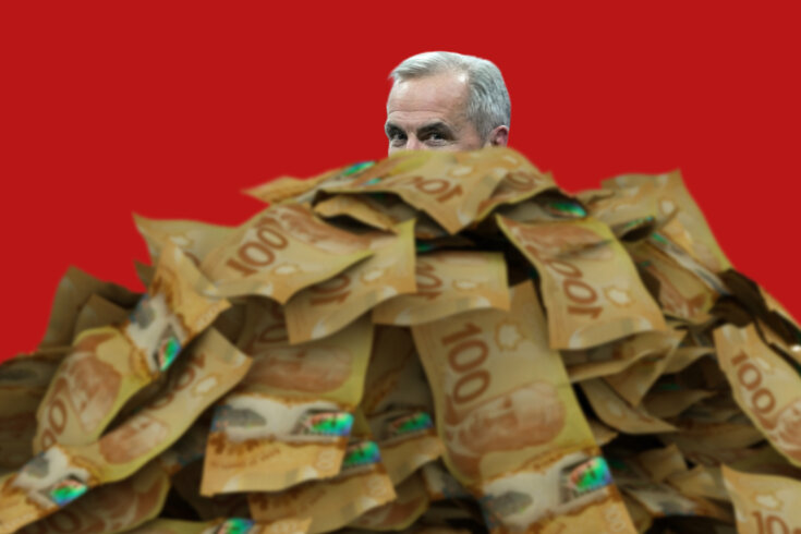 Image of a pile of $100 bills with the top of Prime Minister Mark ...
