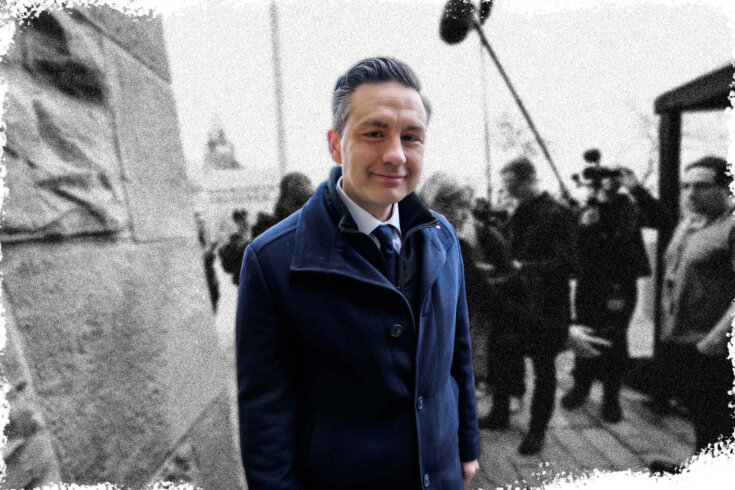 Image of Pierre Poilievre in a blue suit standing against a greyscale ...