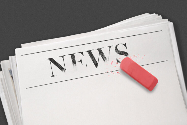 A photo illustration showing the word "News" being erased by an eraser