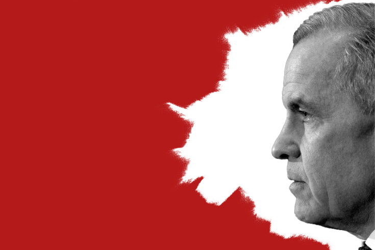 Greyscale image of Mark Carney's left profile against a red and white ...