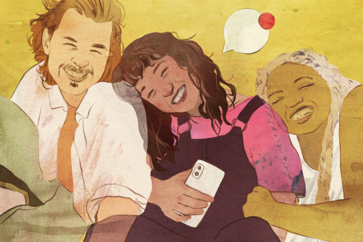 Illustration of three people smiling and hugging each other; the middle ...