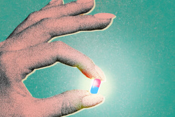 A photo illustration of a hand holding a pill that glows against a ...