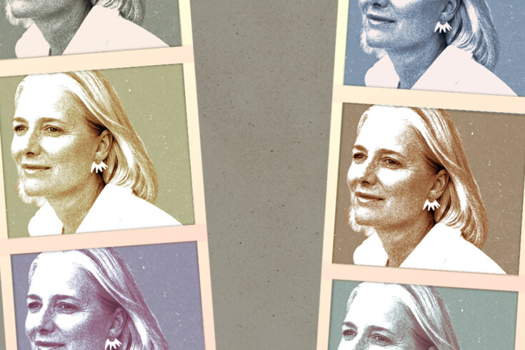 Photo illustration shows a collage comprising a photo of a woman in ...