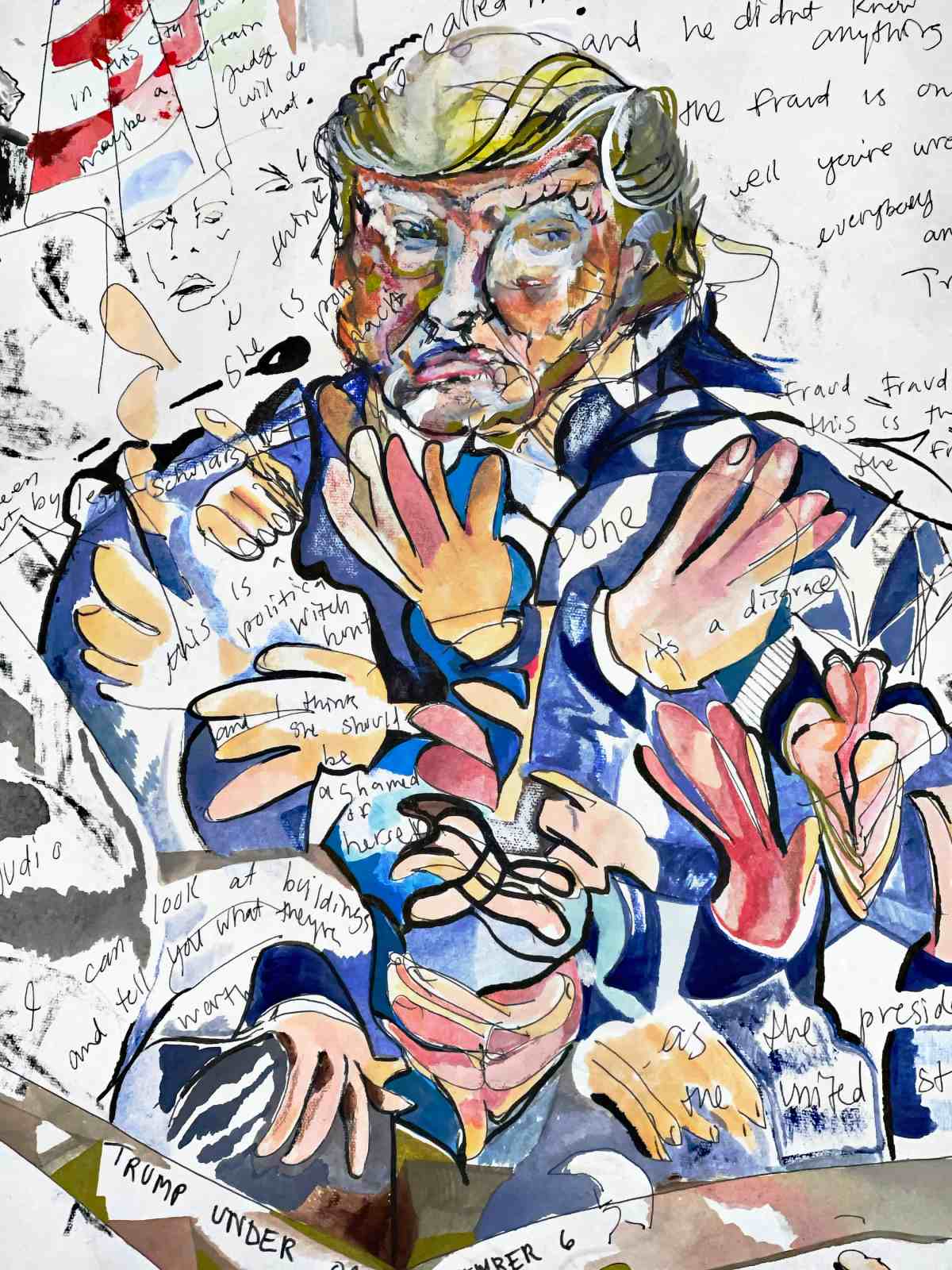 A mixed-media piece of art featuring Donald Trump in a blue suit ...