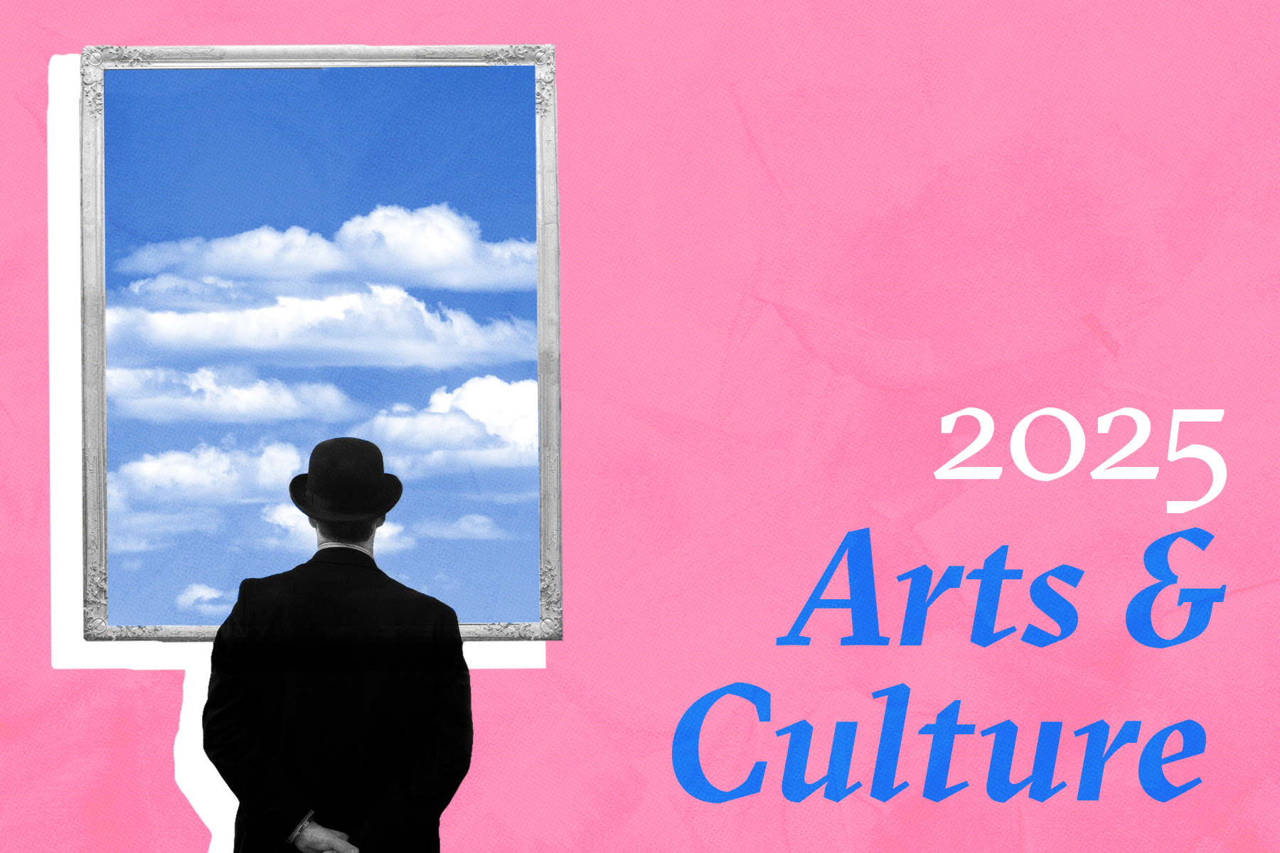 A photo illustration of a man in a hat looking at a piece of art that ...