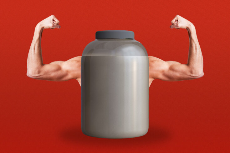 Image of a jar of powder with flexing muscled arms on a red background.