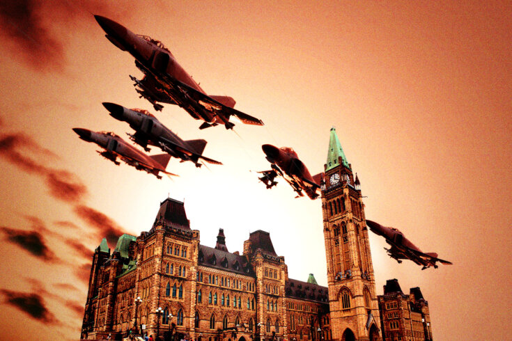 Image of fighter jets flying over the Canada's Parliament Hill building ...